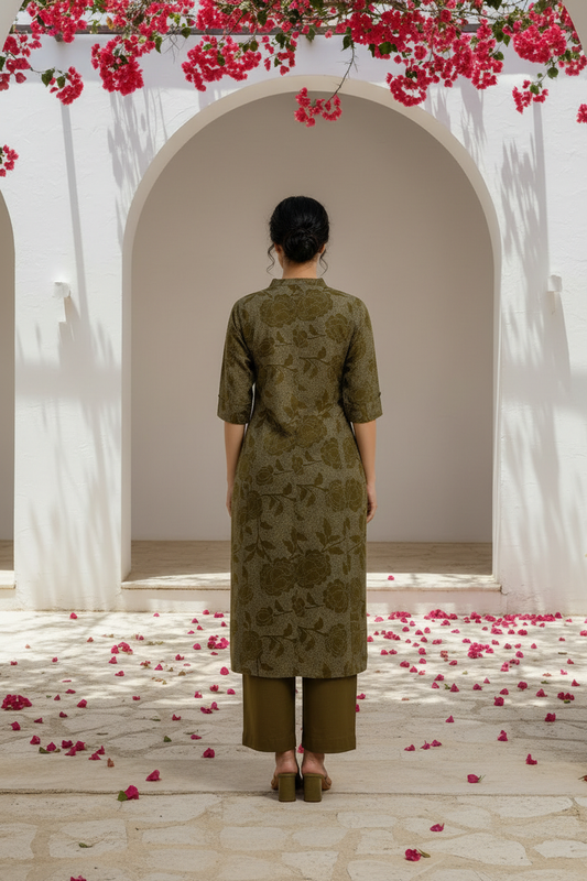 Olive Green Textured Button Kurta Pant Set