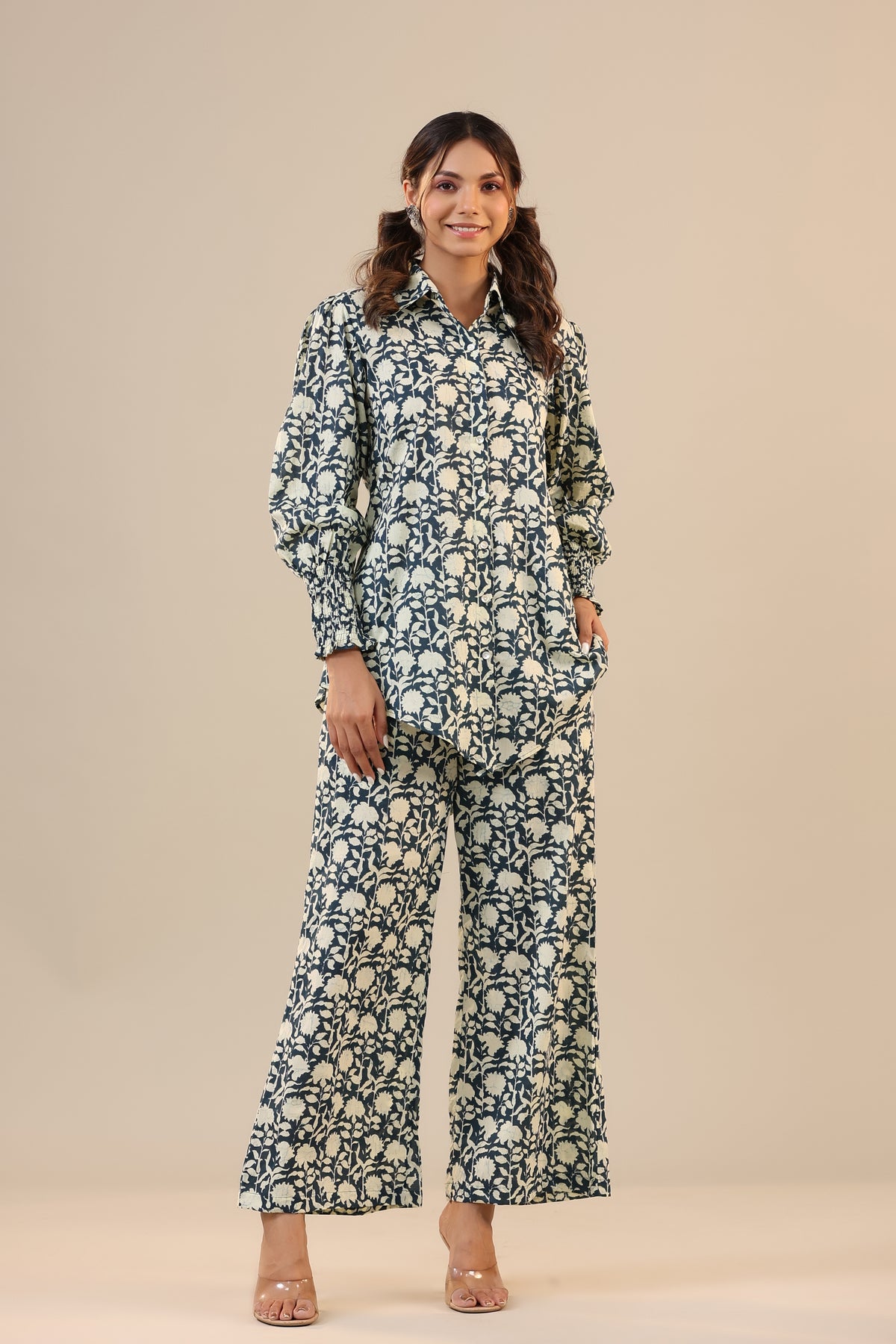 Aster on Dark Blue cotton Collared Co ord Set – JISORA